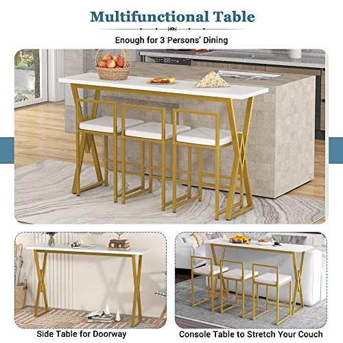 Harper & Bright Designs Modern 4-Piece Counter Height Dining Table Set, Extra Long Console Bar Kitchen and Dining Room Table Set with 3 Padded Stools for Small Places, Gold+White