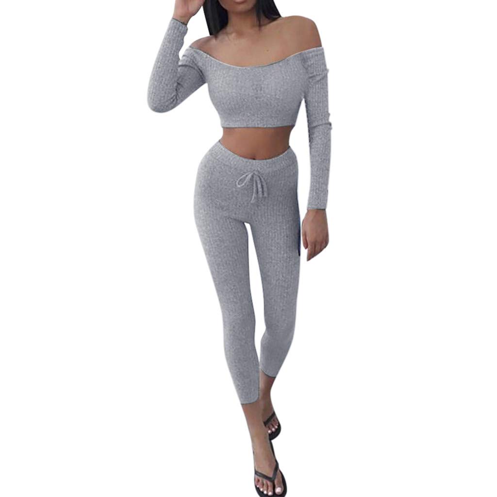 Womens Pants Outfits Sets Fashion Womens Long Sleeve Off Shoulder Solid Bandage Crop Tops Pants Casual 2 Piece Suit Autumn (Gray, M)