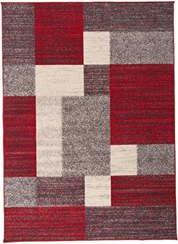 Modern Boxes Design Non-Slip (Non-Skid) Area Rug 5 X 7 (5' 3" X 7' 3") Red