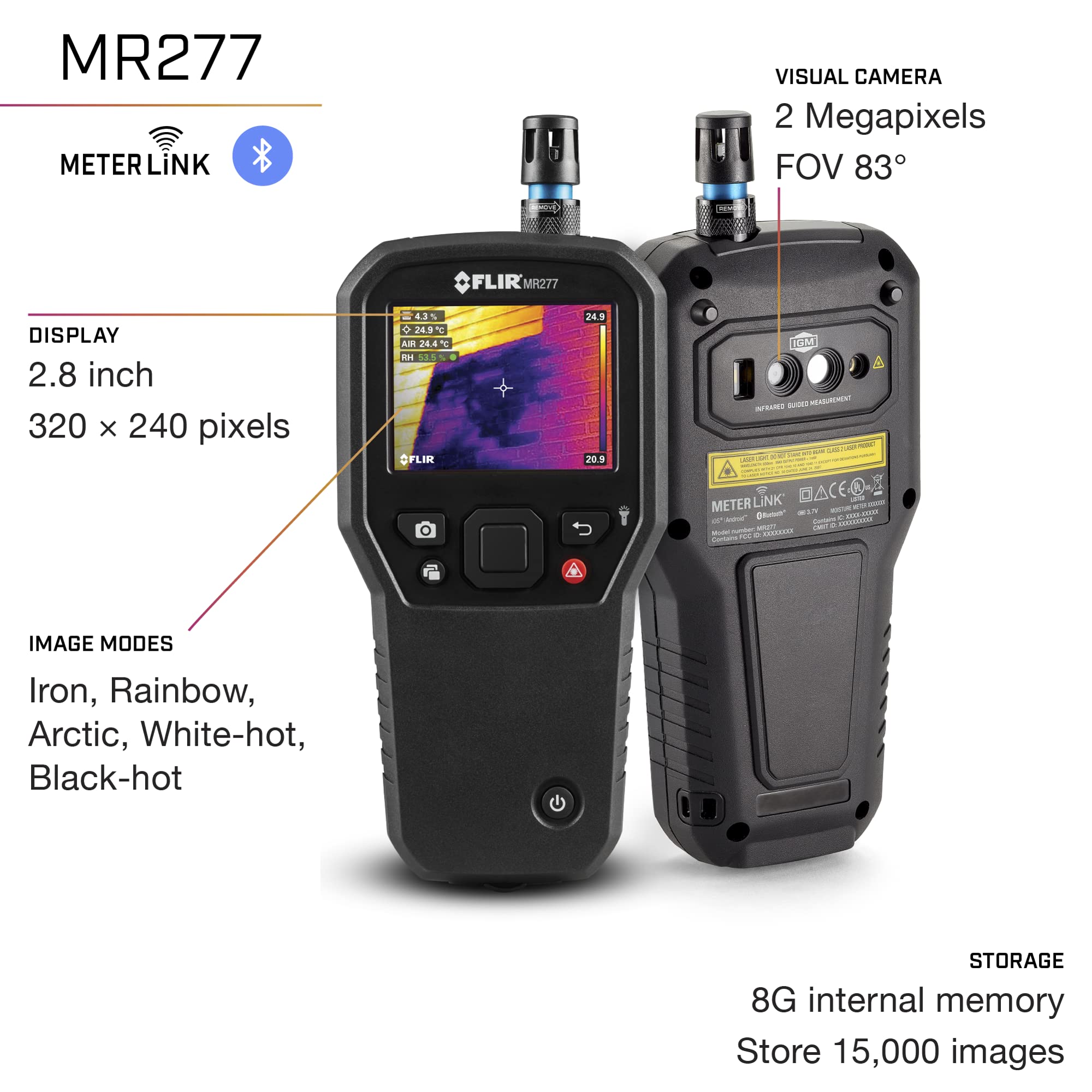 FLIR MR277 Moisture Meter, MSX IR Camera & Hygrometer for Building Inspection & MR06 Wall Cavity Probe