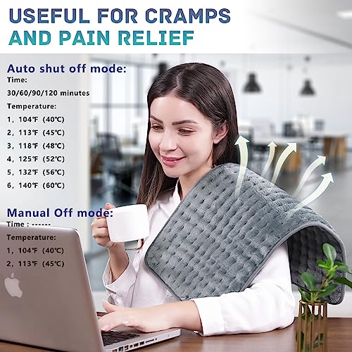 QALTGC Heating Pad (12"x 24"), LCD Controller, Machine Washable, Comfortable Soft for Cramps/Pain Relief(Grey)
