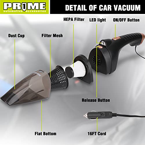 PR1ME Handheld Car Vacuum Cleaner, DC 12V Portable Car Vacuum Cleaner, Strong Suction High Power Hand Vacuum, LED Light, w/ 3 Attachments, 16 Ft Cord, Lightweight Dry Wet Amphibious Vehicle Cleaner