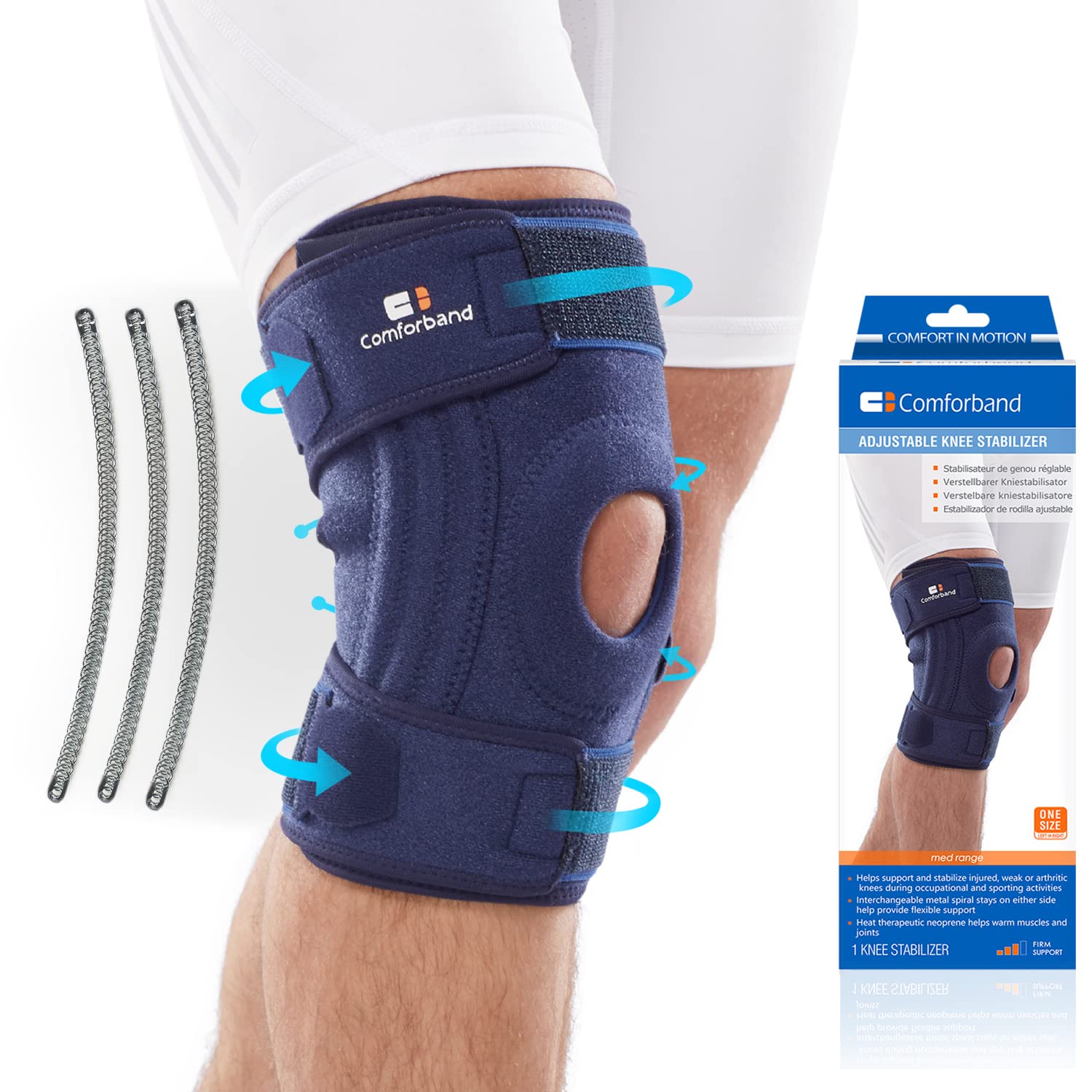 Comforband Adjustable Knee Stabilizer, with Removable Supportive Side Stays – Support for Knee Sprains, Strains, Arthritis, Meniscus Tear, Sports Injury Recovery - One Size fits Most