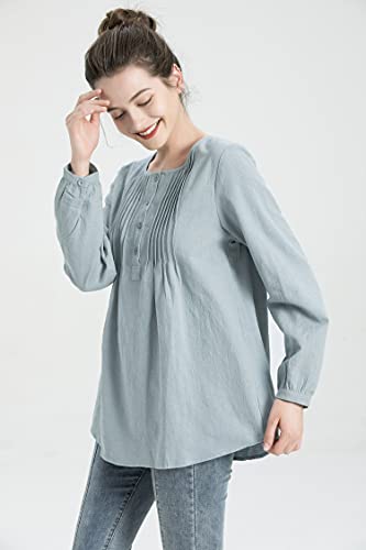 Minibee Women's Scoop Neck Pleated Blouse Solid Color Lovely Button Tunic Shirt White M