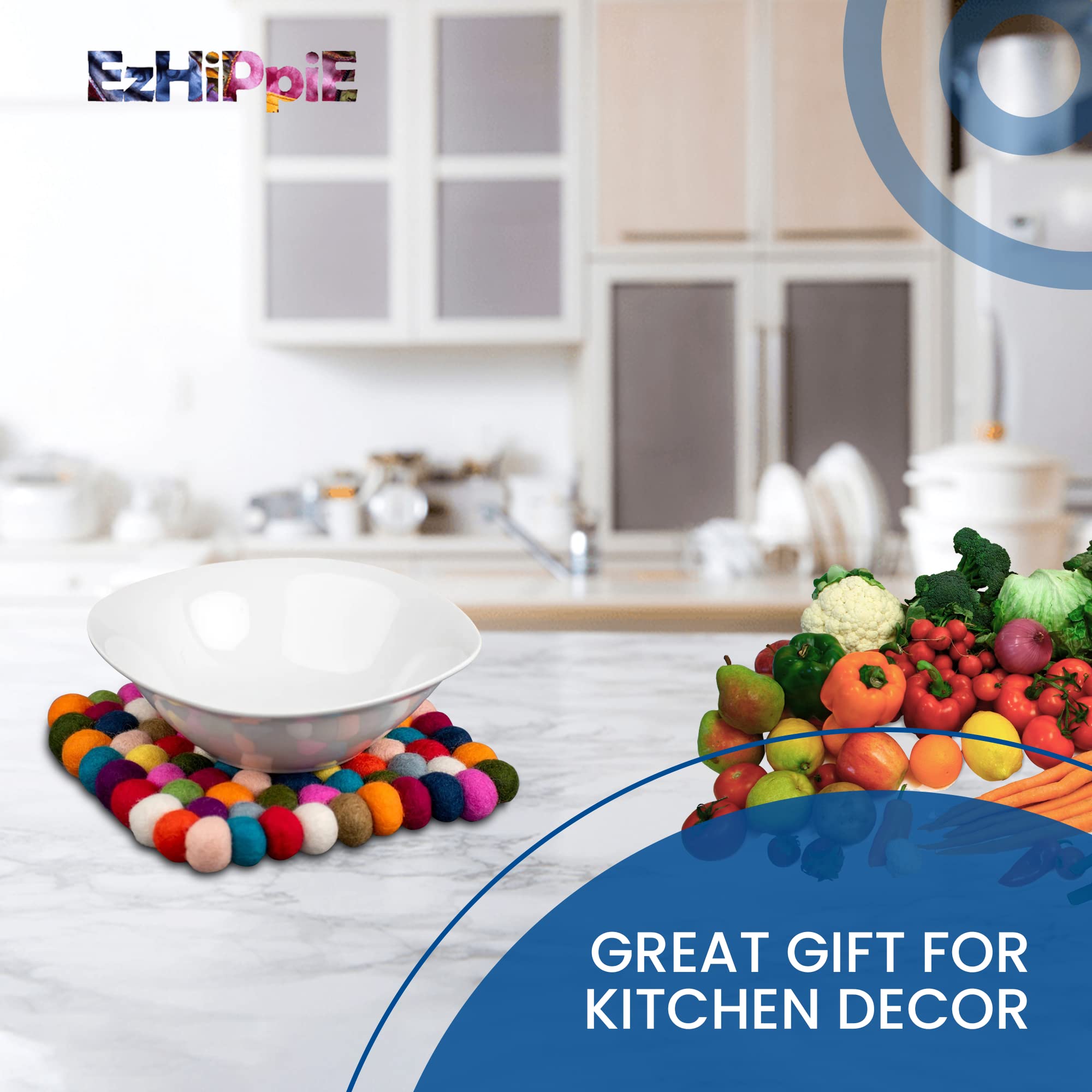 Ezhippie 20 CM Woollen Pot Trivet with Heat Resistance, Handmade Non Slip Pan Holder from Nepal, Trivets for Kitchen, Pots, and Pans Protect Tables and Worktops, Absorbent Felt Ball Pad, Square-3