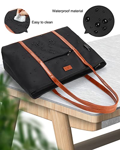 Laptop Tote Bag for Women Teacher Work Office USB Bags Fits 15.6 inches Laptop Lightweight Water Resistant Nylon Tote Bag (Black and Brown Strap)