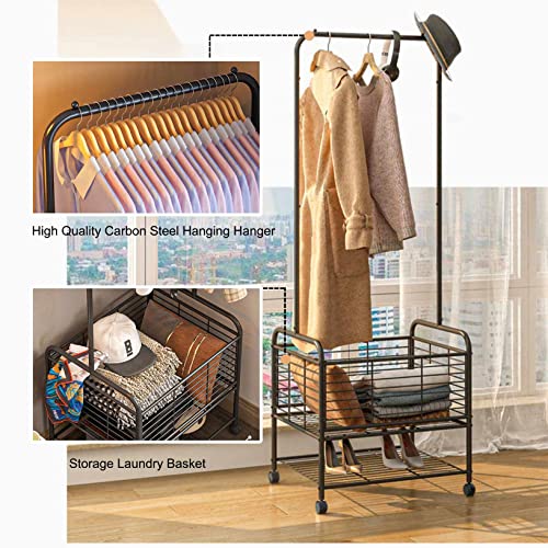 Laundry Cart with Clothes Rack,Rolling Laundry Hamper Basket Cart with Metal Wire Storage Rack and Hanging Rack ,Laundry Butler Garment Rack Storage Rack