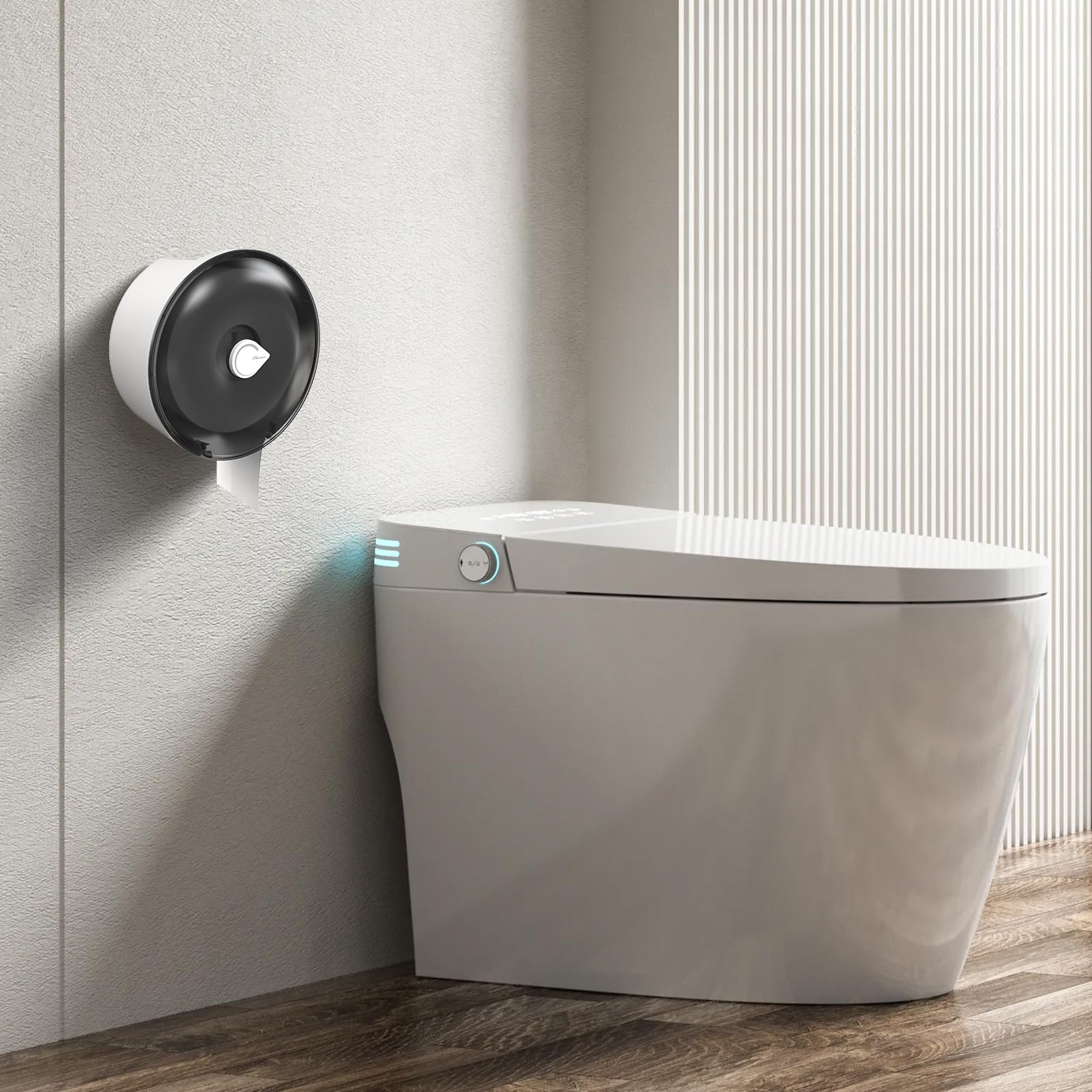 PLUSSEN Toilet Tissue Dispenser Wall Mount, Adhesive No Drilling Jumbo Roll Toilet Paper Towel Dispenser, 9 Inch Single Roll Toilet Paper Dispenser Key Lock, ABS Plastic, Black-PN51023