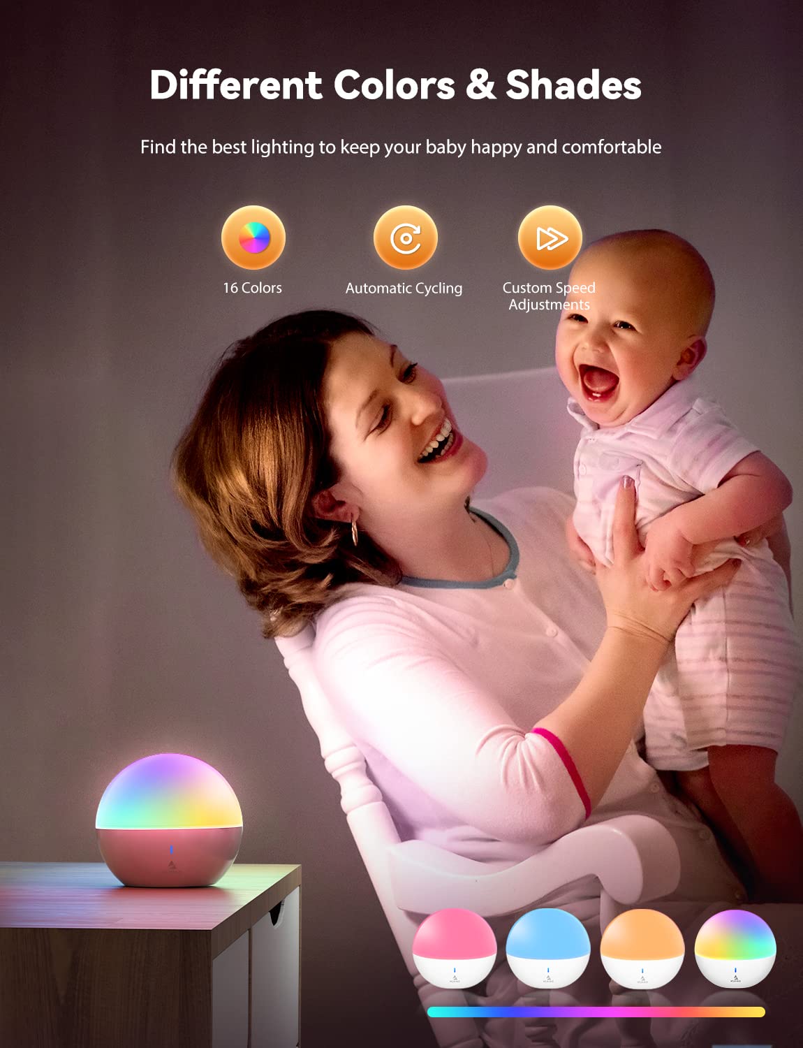 NexiGo Night Light, Portable One-Key Baby Bedside Lamp, RGB Changing Speed Adjustable & Dimmable, Rechargeable Touch Nursery Nightlight, for Kids Bedroom, Bathroom (Spherical)