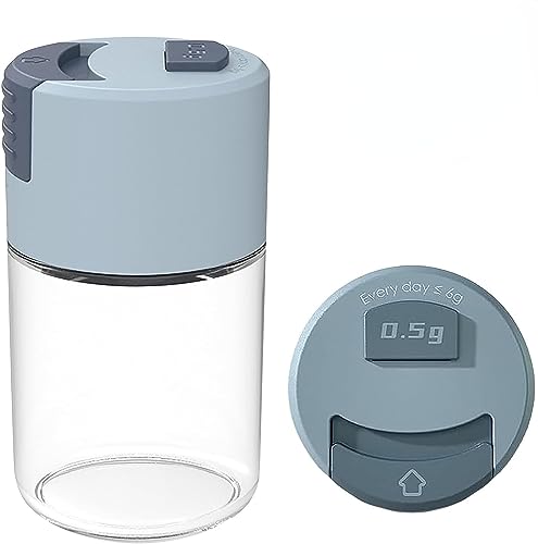 Metering Salt Shaker, Measuring Seasoning Bottle, Salt and Pepper Shakers Precise Quantitative Push Type,Press Type Glass Metered Salt Dispenser. (Blue)
