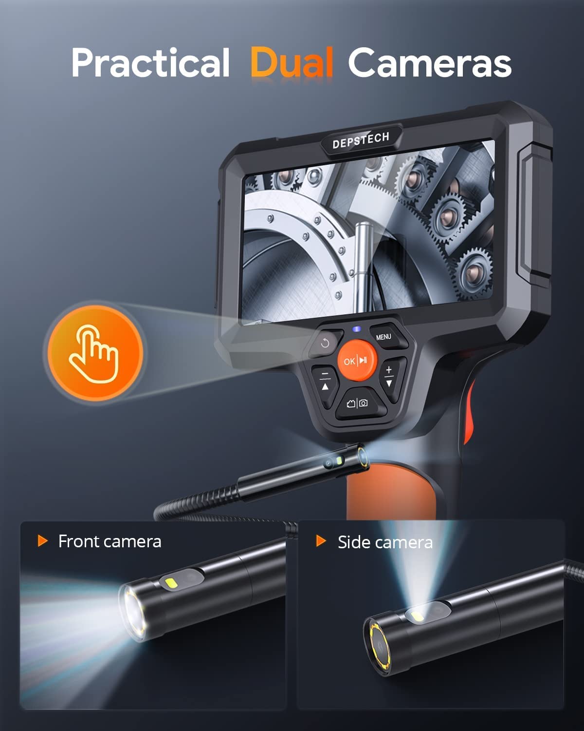 DEPSTECH 5.0MP Dual Lens Borescope, 5'' IPS Screen Endoscope Camera with Light, Industrial Video Inspection Camera, 10ft Gooseneck Snake Camera, Waterproof Scope Camera Tool for Wall, Pipe, Automotive