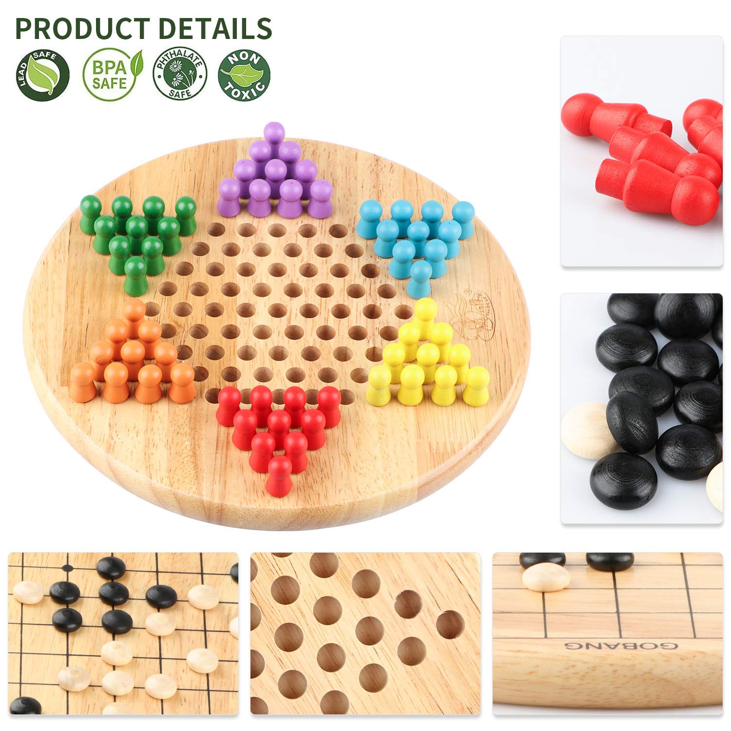 Wondertoys Wooden Chinese Checker Game for Kids 2 in 1 Chinese Checkers & Gobang (Five in a Row) Wooden Board Game Family Board Game Combo Set
