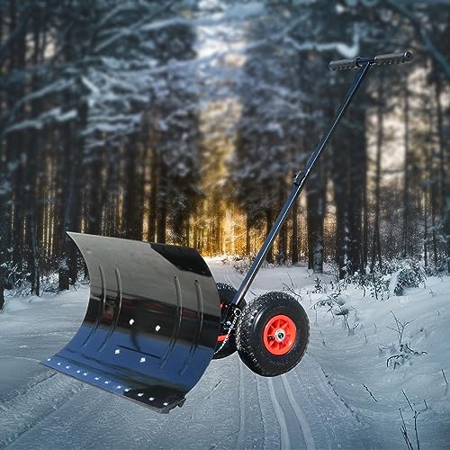 Generic Wheeled Snow Pusher Snow Plow Outdoor Sleigh Rolling Removal Tool Winter Snow Pusher for Park Sidewalk Doorway Walkways, Wheels 74x42cm
