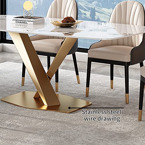 Modern Dining Table, 70.9" Marble Dining Table for 4-6, Durable White Sintered Stone Tabletop, Gold Carbon Steel Metal X-Base, Luxury Table for Kitchen Dining Office (1 Table 6 Orange Chairs)