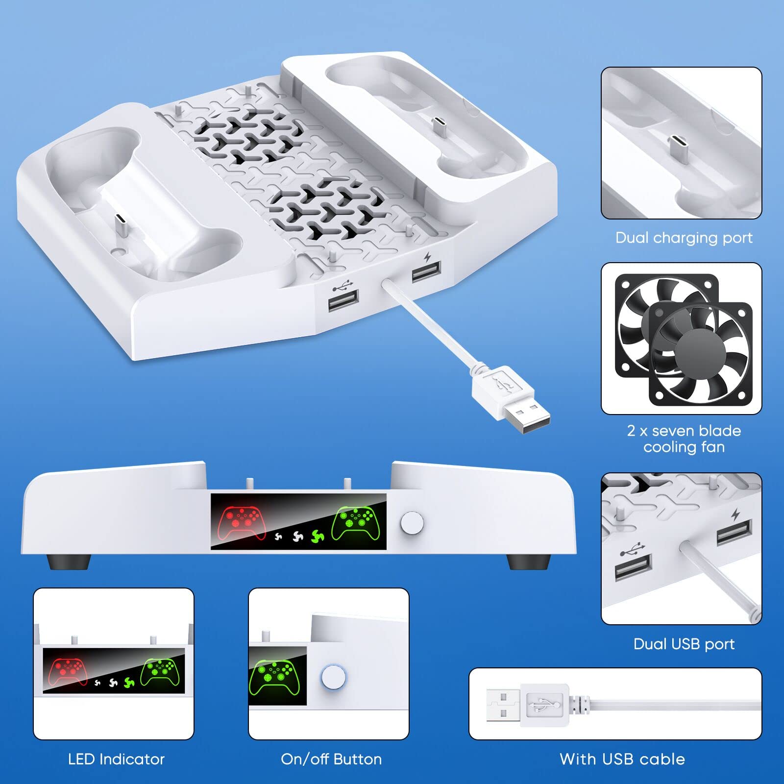 Cooling Stand with Controller Charger for Xbox Series S, Dual Fan Cooling System with Adjustable 3 Speeds, Two Charging Dock with LED Indicator, Headset Holder, 2 USB port for XBS Accessories Device
