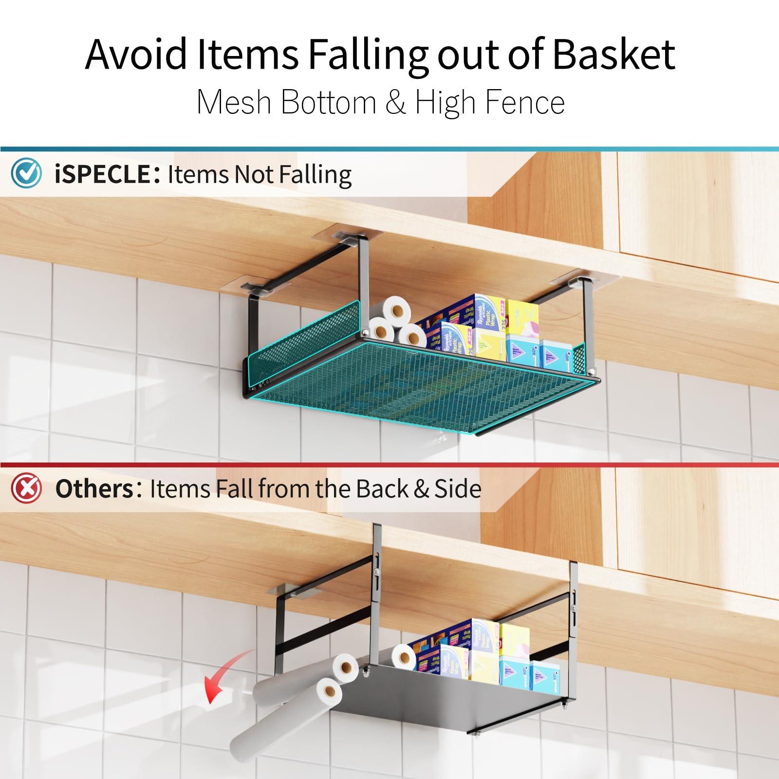 iSPECLE 4 Pack Cabinet Baskets - 2 Pack Under Shelf Baskets and 2 Pack Wire Baskets Add Storage Space, Easily Install with Adhesive for 15" and 30" Upper Cabinet, Wire Storage Basket Easy to Get Items