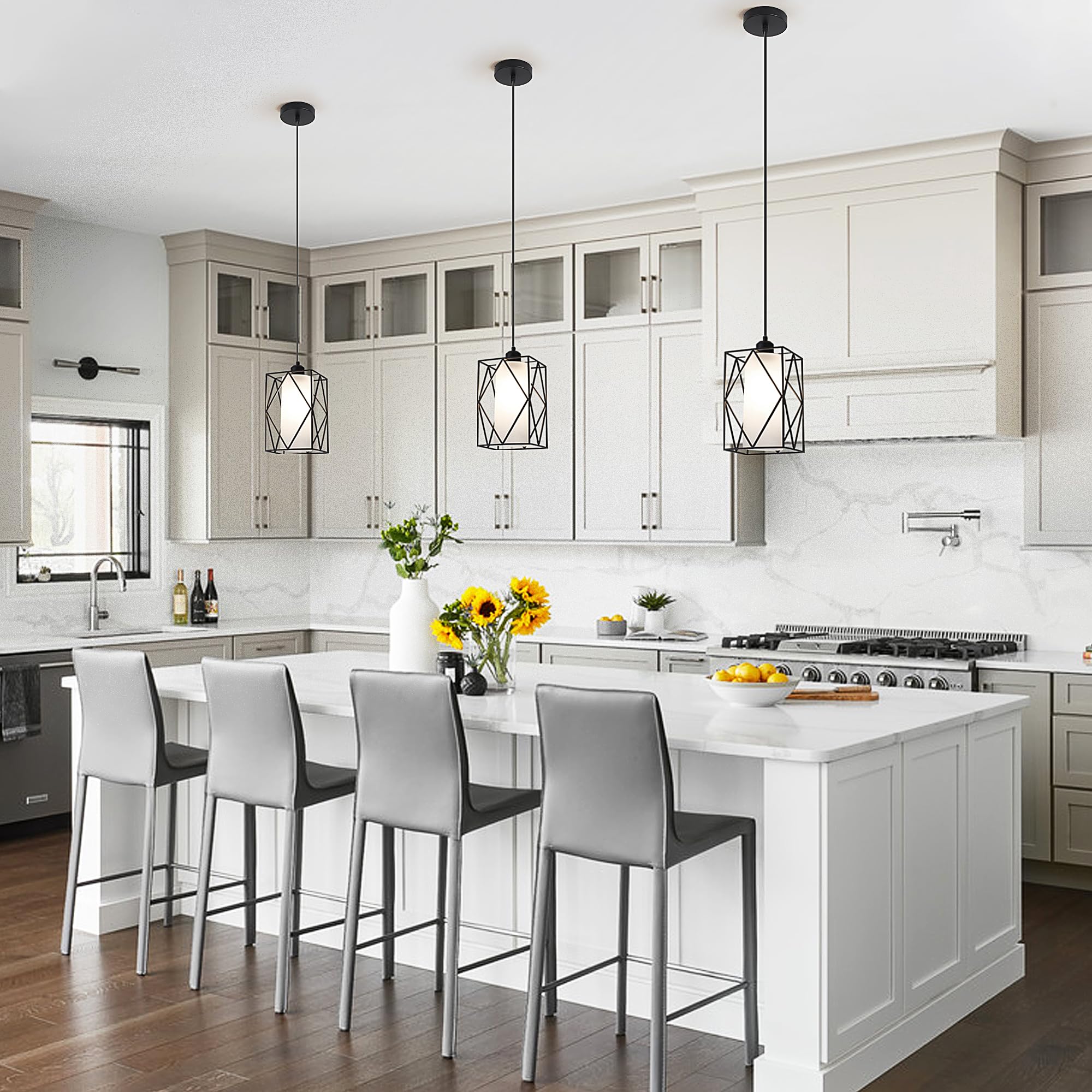 Corlaceling Modern Pendant Light Fixtures, Cage Frosted Glass Pendant Lights Kitchen Island, Pendant Lighting, 1 Pack, White Glass,1Pack