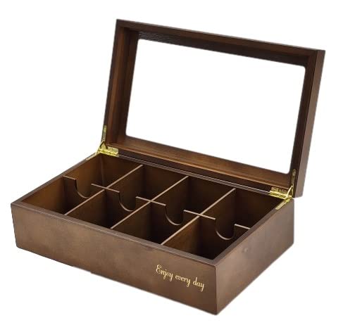 Large Capacity Wooden Tea Box Organizer, tea box storage & tea bag holder with 8 Compartments and Drawer, decorative box vintage tea box handmade wooden tea box, Walnut Color, With Window Lid