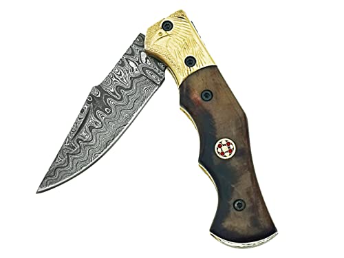 Damascus Steel Blade Folding Pocket Hunting Knife Real Leather Sheath For Camping Fishing Outdoor EDC SM91