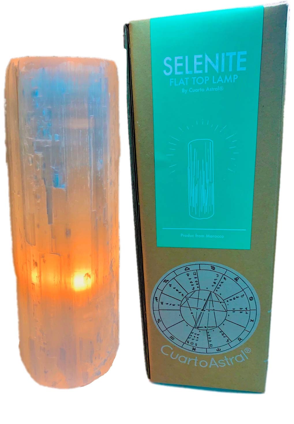 Cuarto Astral Selenite Lamp (8-10lb) Flat top Healing crystal 12 to 14 inches Tall Selenite Tower Made in Morocco Dimmable White Cord and LED Bulb Included