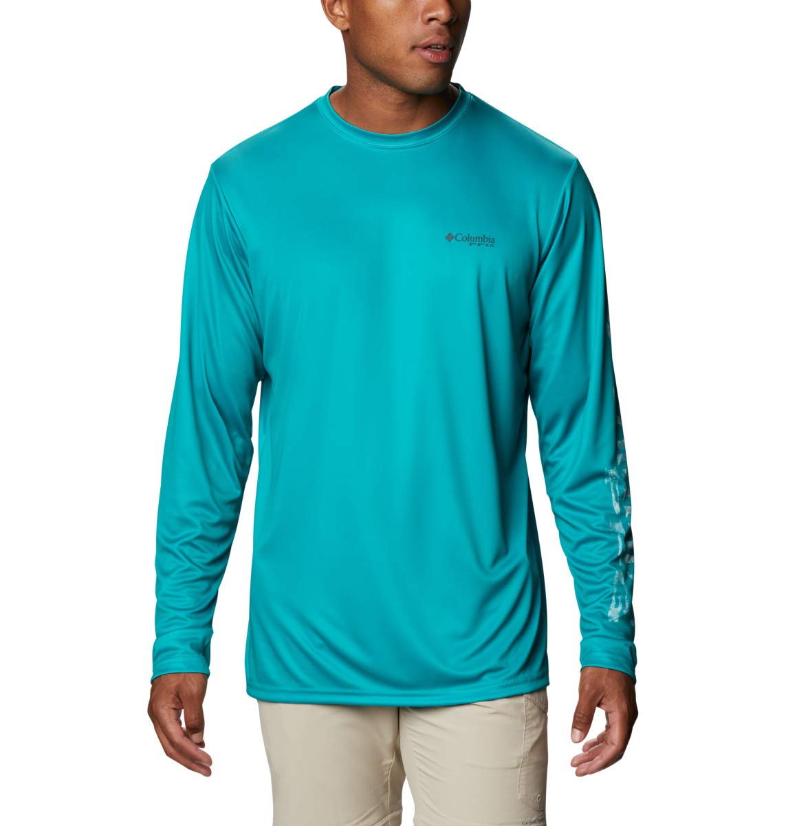Columbia Men's Terminal Tackle PFG Sleeve Long Sleeve Shirt, Tropic Water/Dolphin Realtree Mako, Medium