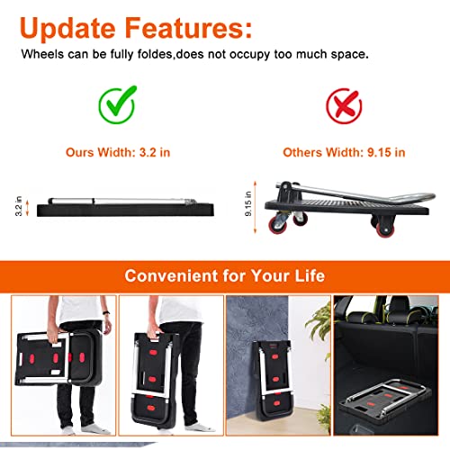Double Rhombus Folding Hand Truck Platform Truck 330 Lbs Heavy Duty Dolly Cart with Wheels, Fully Folded Push Cart, Portable Trolley Utility Cart for Easy Storage, Garage Moving Shopping Home Office