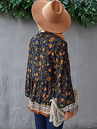 KAYWIDE Women's Casual Boho V Neck Top Loose Floral Printed Long Sleeve Beach Shirts Blouses (036-Blue, Large)