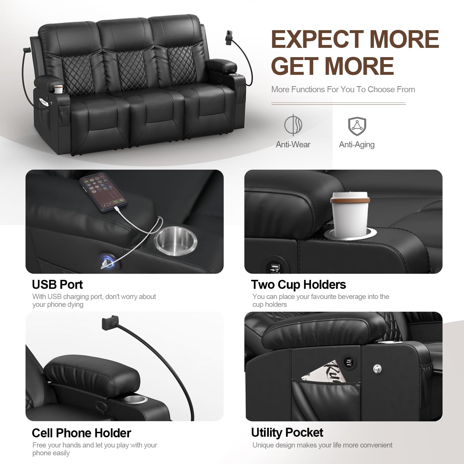 FURNIMAT Recliner Sofa Set with 3+1 Pieces in Living Room, 3 Seater Reclining Sofa, 1 Recliner Chair with 360 Degree Swivel Single Sofa Seat