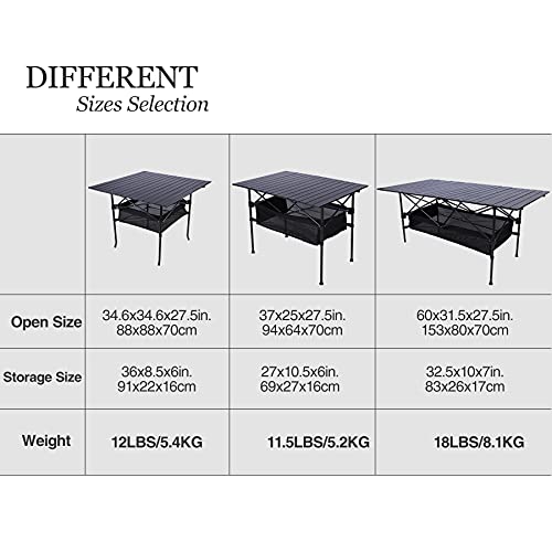 CAMPMOON Aluminum Camping Table Roll Top with Mesh Storage, Folding Lightweight Roll Up Table Square for Outdoor Camping Grill, Black, 34.6X34.6 Inch