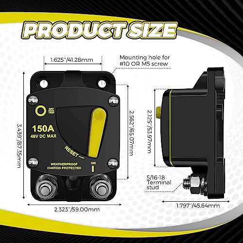 BULVACK 150 Amp High Amp Marine Rated Circuit Breaker for Boat Trolling Motor with Manual Reset Switch, Water Proof, 12V- 48V DC