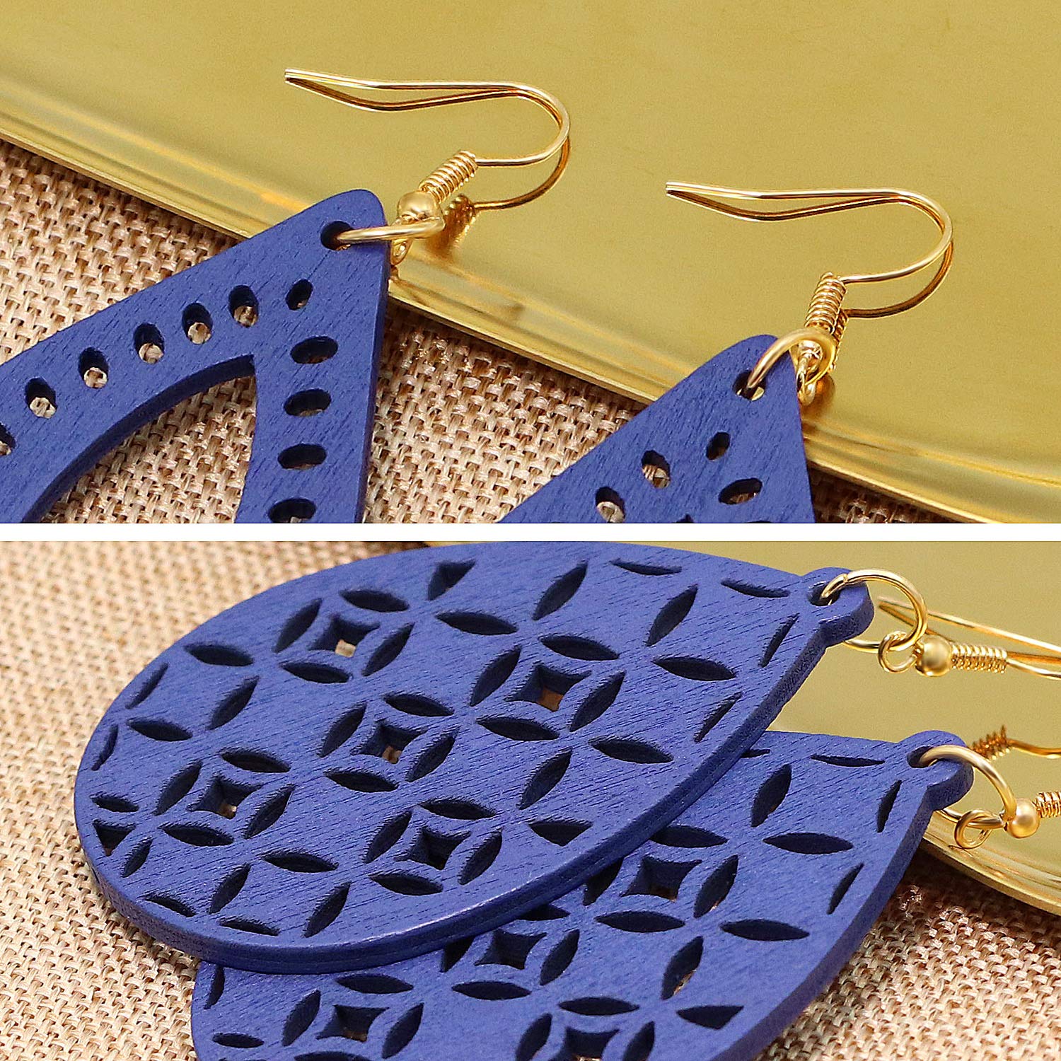Wovanoo Wooden Cut-out Drop Earrings 2 Pairs Natural Wood Dangle Teardrop Jewelry Gifts Blue Oval