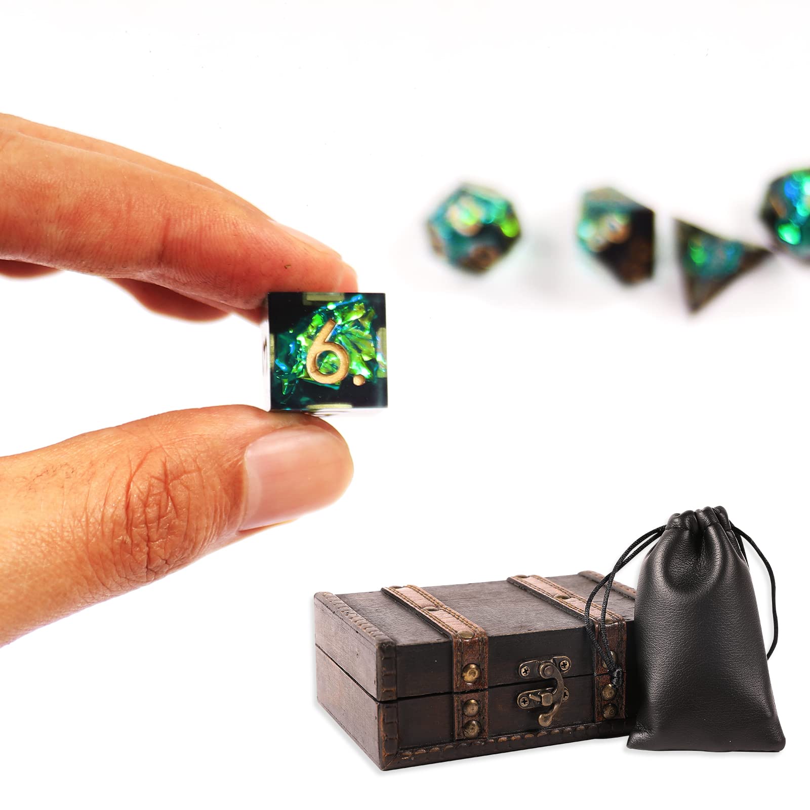 DDFE DND Dice Set 7-Die Polyhedral Resin RPG Dice Set Dice with Beautiful Glitter Inclusions for Dungeons and Dragons RPG MTG Table Games D&D Pathfinde,d and d Game Dice with Gift Box