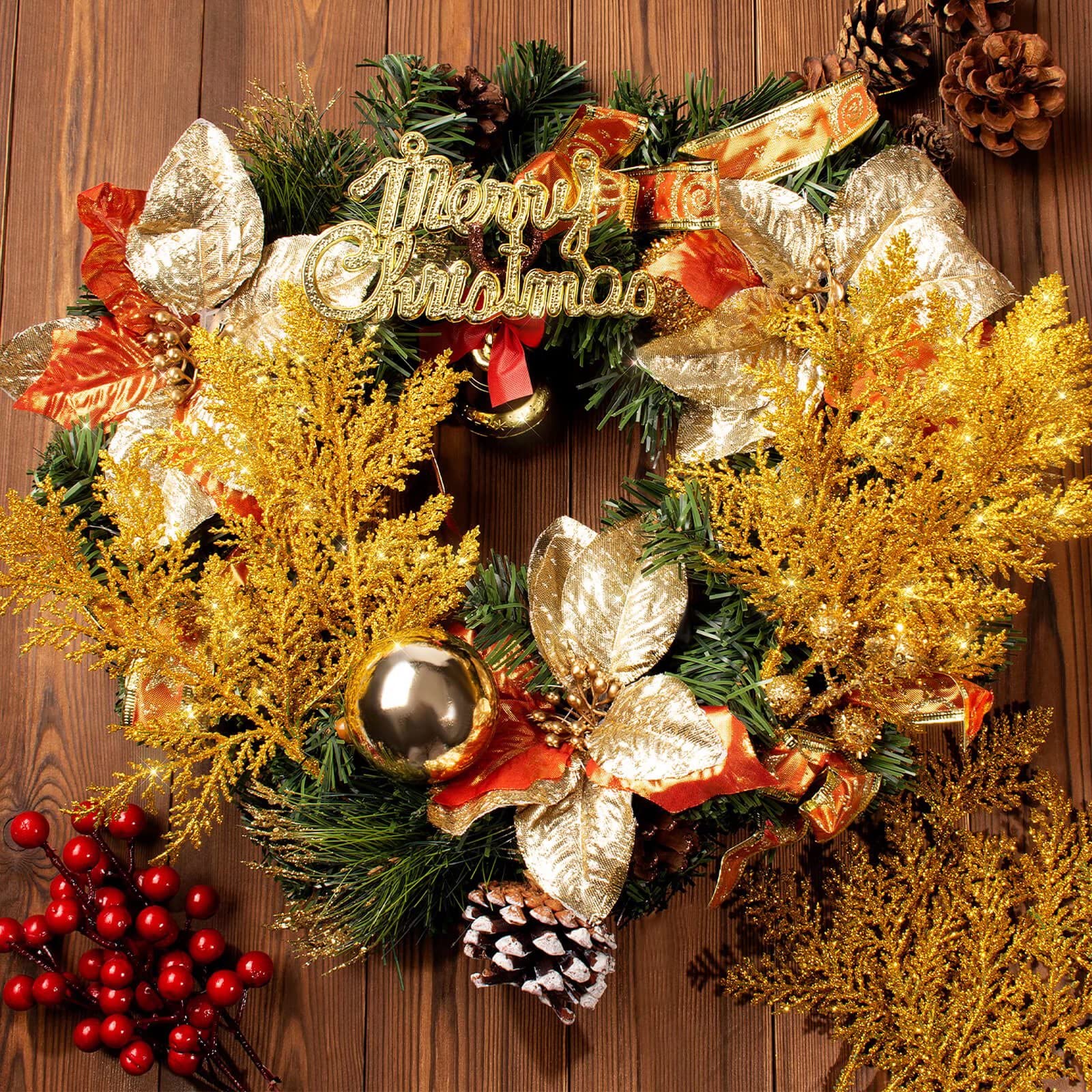 TORINALITAL 22PCS Christmas Tree Picks Sprays, Gold Glitter Artificial Pine Needles Faux Christmas Floral Picks Branches for Christmas Tree Wreath Wedding Bouquet Winter Seasonal Holiday Decoration