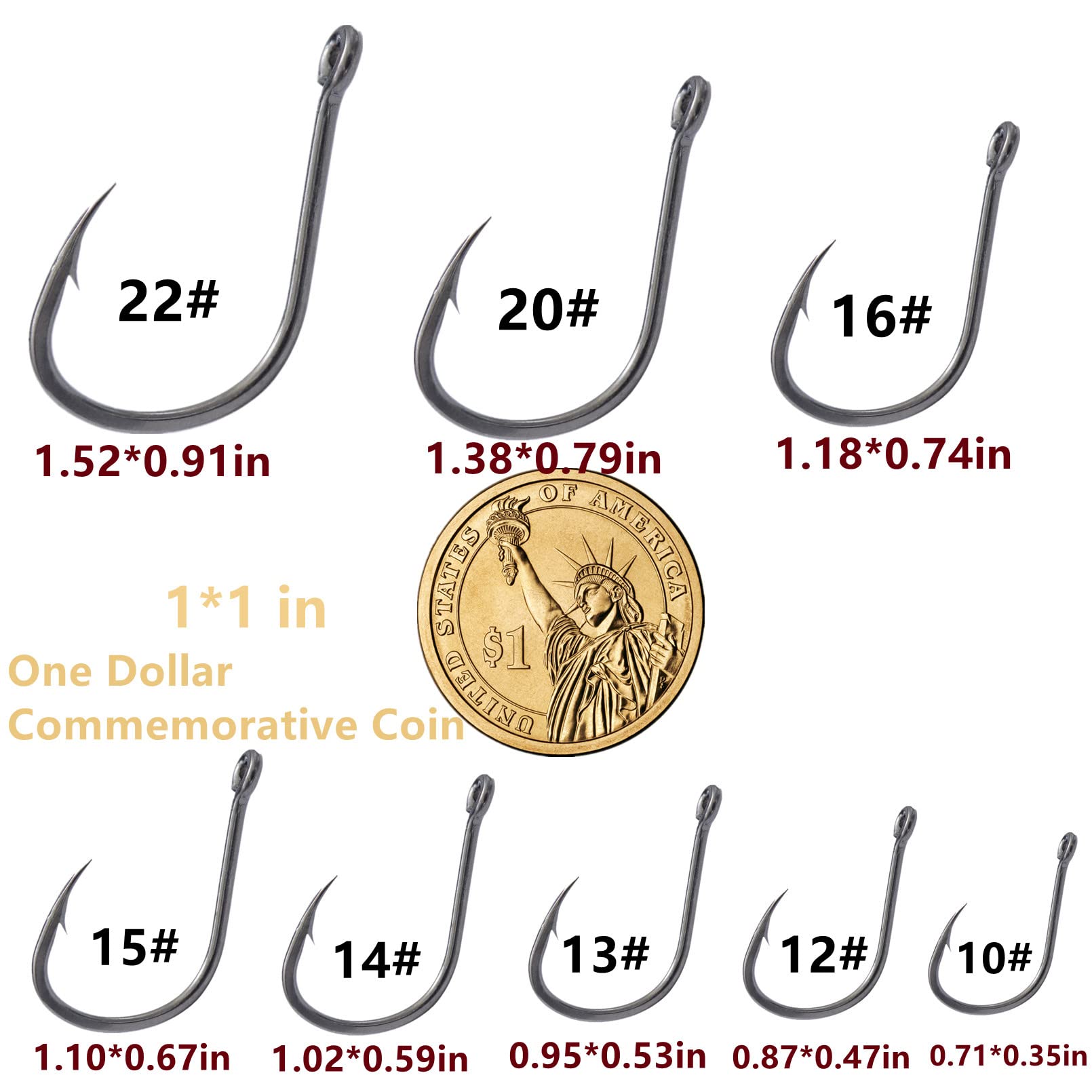 DAMIDEL 300Pcs/Box (22# ...15# 10# Fishing Hook, Forged Steel/Barded Design, 8 Sizes Universal Octopus Fishing Hooks Set, Sharp/High Carbon/Hook Eye, Suitable Sizes in Freshwater Saltwater
