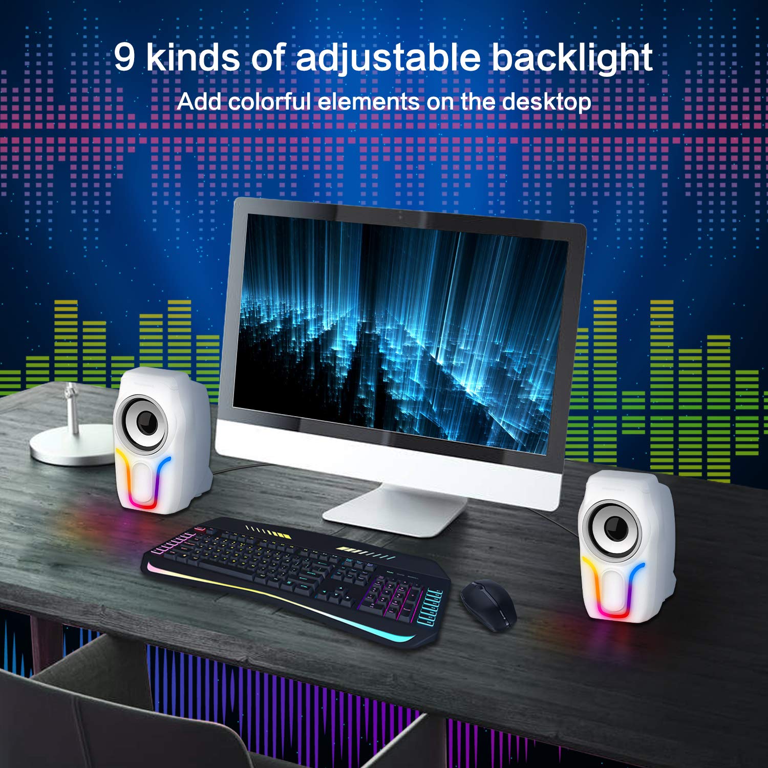 Computer Speakers,2.0 Stereo Volume Control Gaming Speakers with Surround Sound,6 RGB LED Backlit Effect,USB Powered Wired Laptop Speakers with 3.5mm for Desktop Computer/PC/Laptops(White)