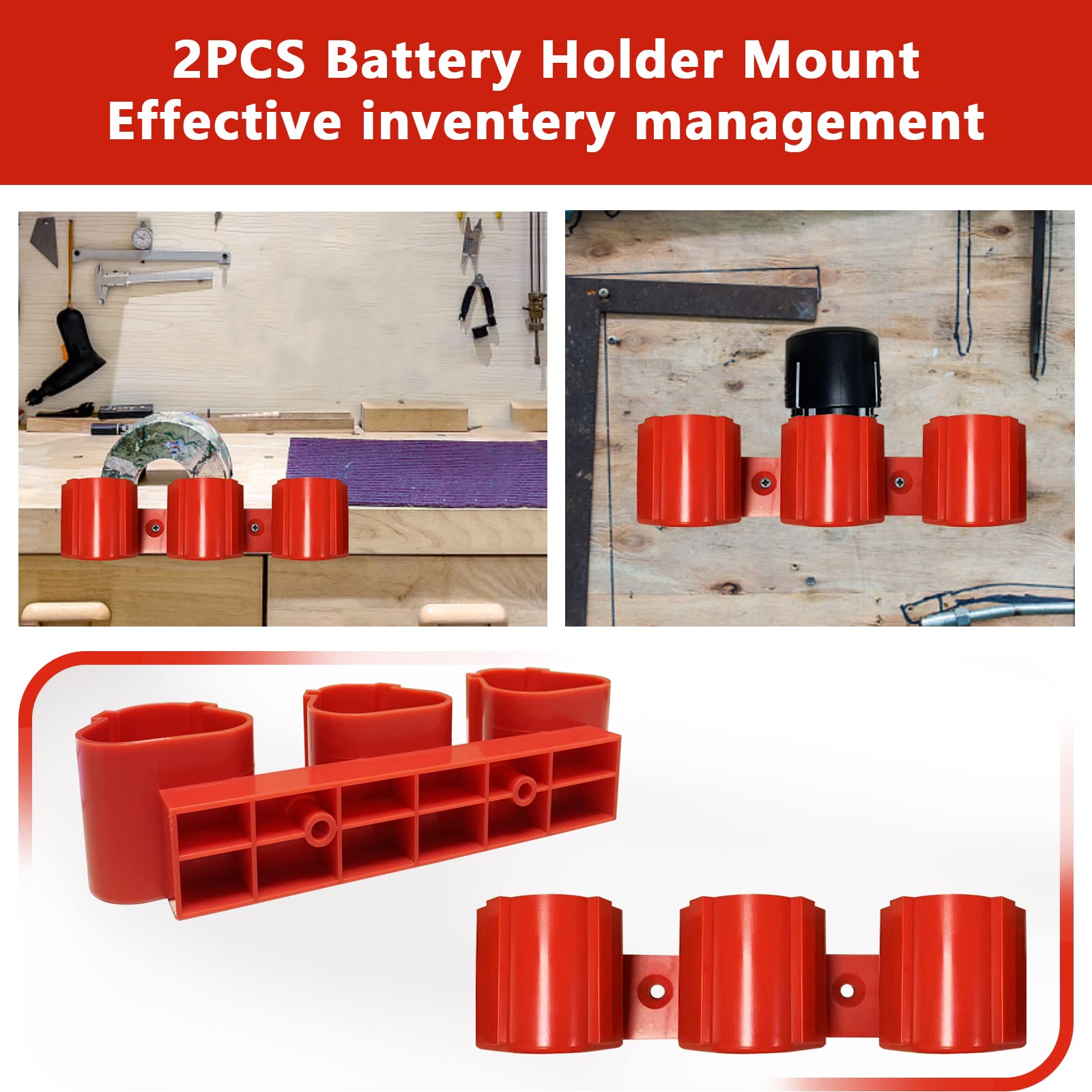 EID 2PCS Battery Holder for Milwaukee M12 & for Bosch 10.8V & for Makita 10.8V Triple Battery Holder Wall Mount 3-Slot Rack,Battery Pack Storage Mount (Red Battery Holder)
