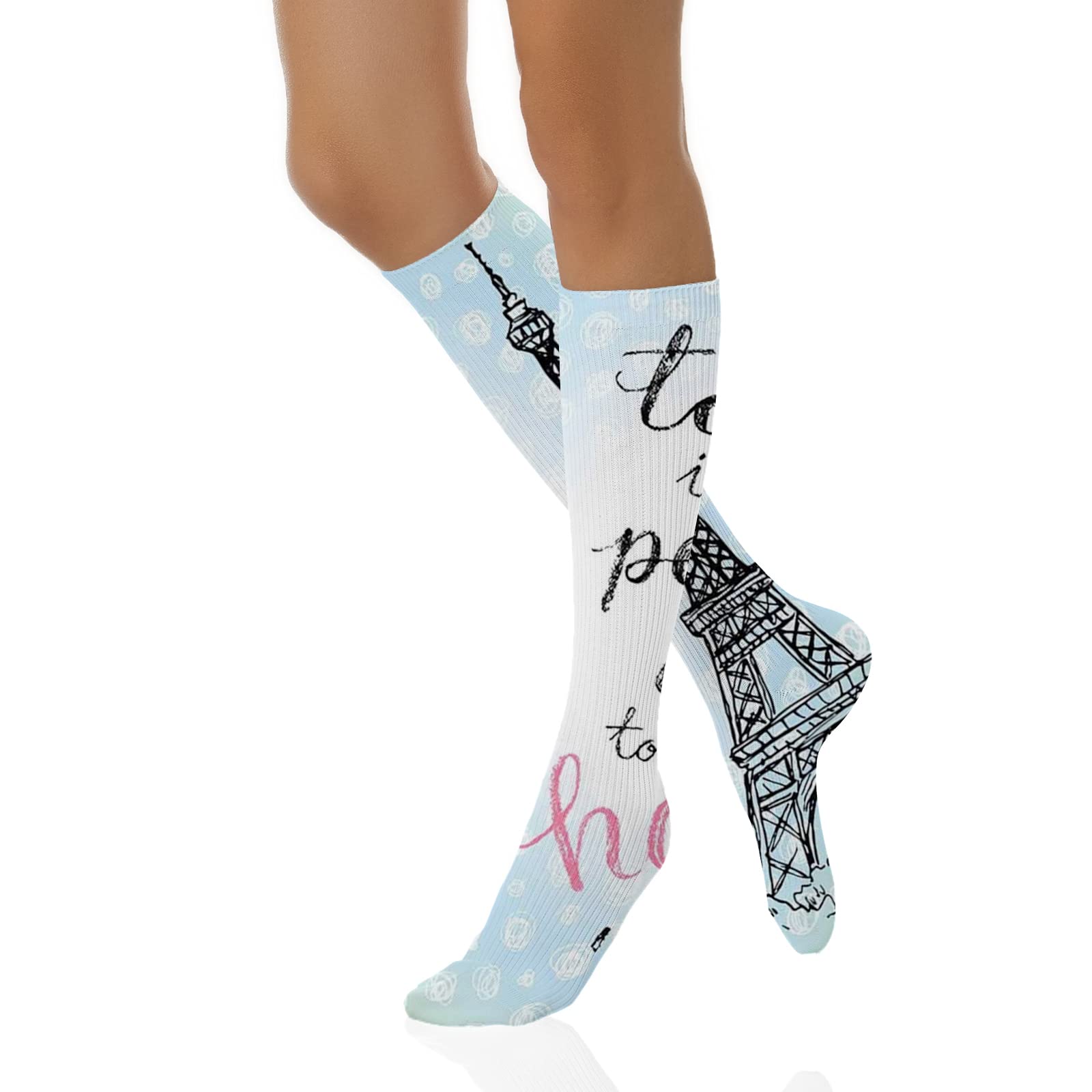 Eiffel Tower Funny Compression Socks Women and Men Perfect Day Eiffel Tower,Best for Circulation,Running,Athletic,Nurse,Travel,Black Blue - 20 inch