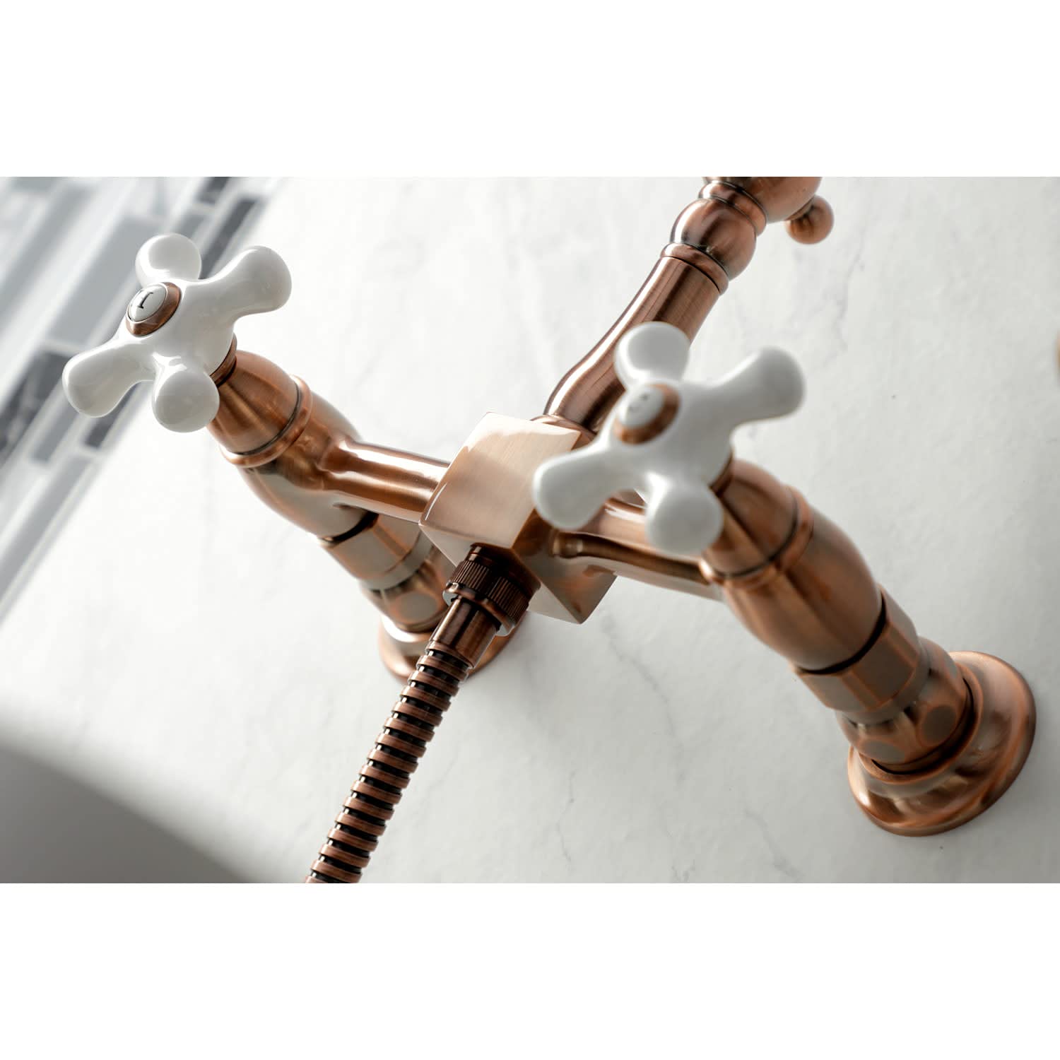 Kingston Brass KS1248PXBS Heritage Wall Mount Bridge Kitchen Faucet Sprayer, Antique Brass