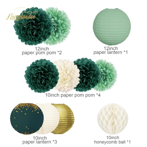 NICROLANDEE Wedding Party Decorations - 12PCS Emerald Green Hanging Tissue Pom Poms Gold Foil Dots Paper Lantern Confetti 30G for Rustic Style Bridal Shower Birthday Botanical Baby Shower Decorations