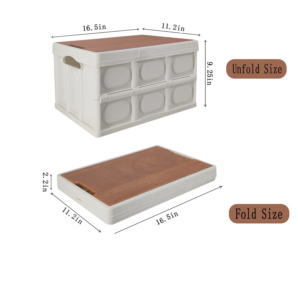 CIROANNELISE Collapsible Storage Bins, 30 Quart Plastic Storage Crates with Wooden Lid, Folding Plastic Stackable Utility Crates with Strengthened Wall, Dormitory, Car,Office (White)