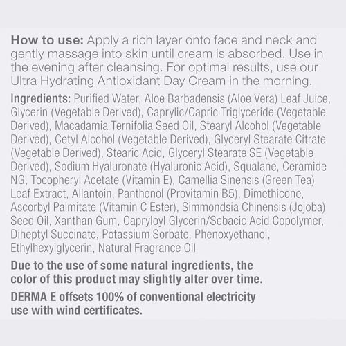 DERMA-E Hydrating Night Cream – Overnight Face Moisturizer with Anti-Aging Hyaluronic and Green Tea Acid to Smooth and Nourish, 2 Oz