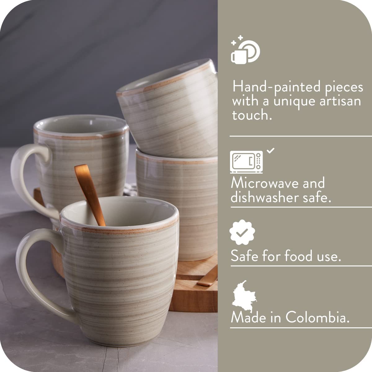 Corona Mugs set of 4 | Perfect for Coffee and Tea Lovers | Gray Caoba 12.8 oz - 380cc|4 Pieces|Ceramic|Hand Painted |Cerámica