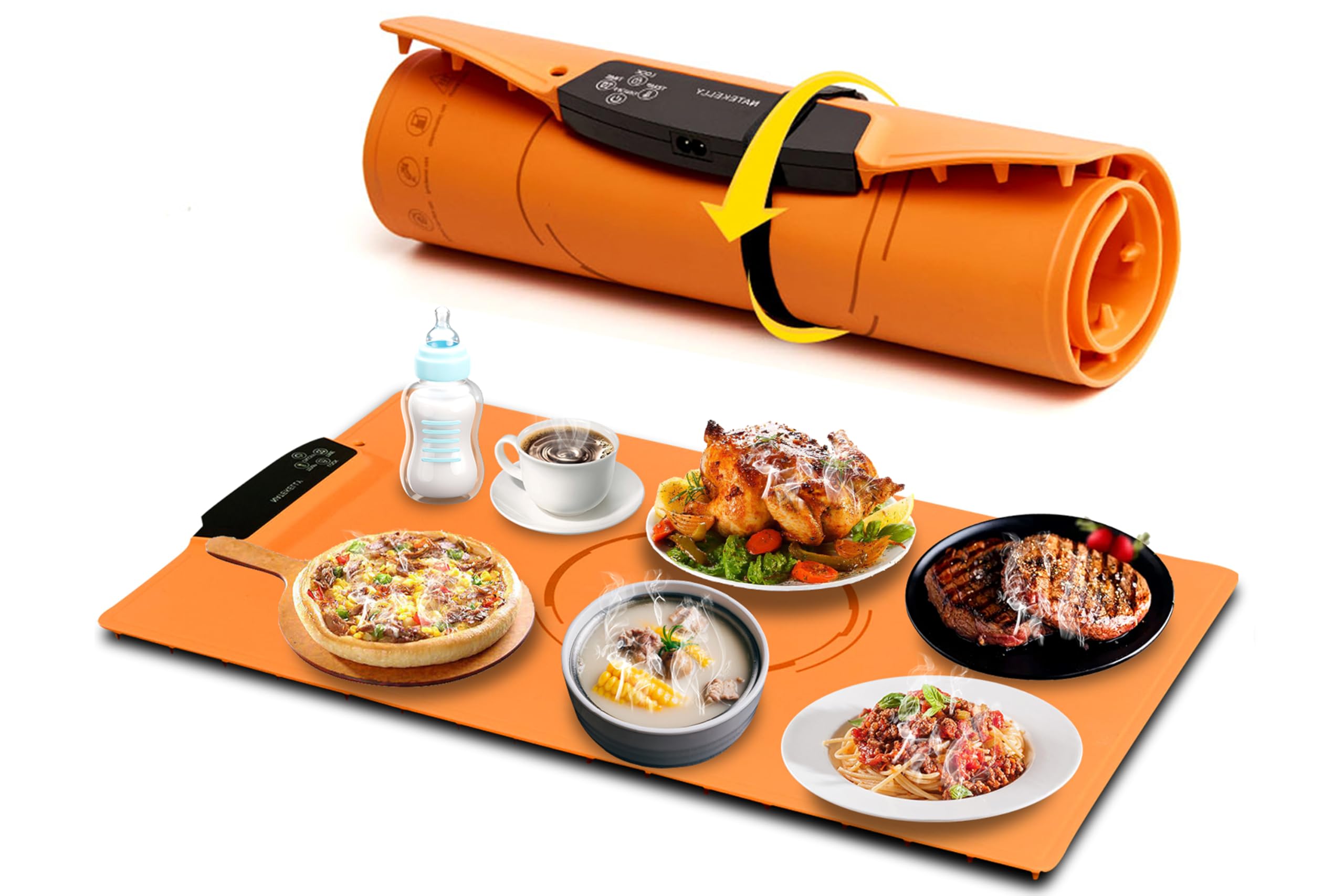 Electric Food Warming Tray, Silicone Heating Mat with Temperature Settings, Portable Foldable Roll Up Heating Pad for Parties, Buffet, Countertop (Orange)