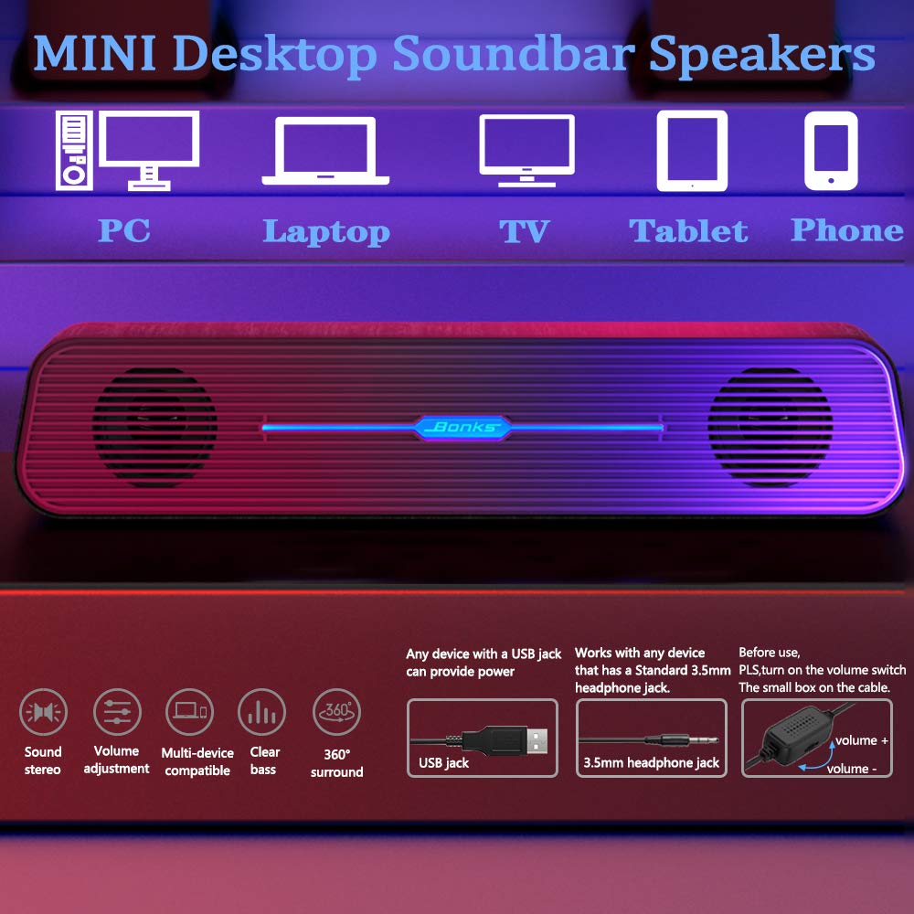 Computer Speakers Wried Soundbar,Bebom Basics N5 USB Powered Mini Sound bar Speaker for TV Desktop PC Laptop,Pluy and Play (Black)