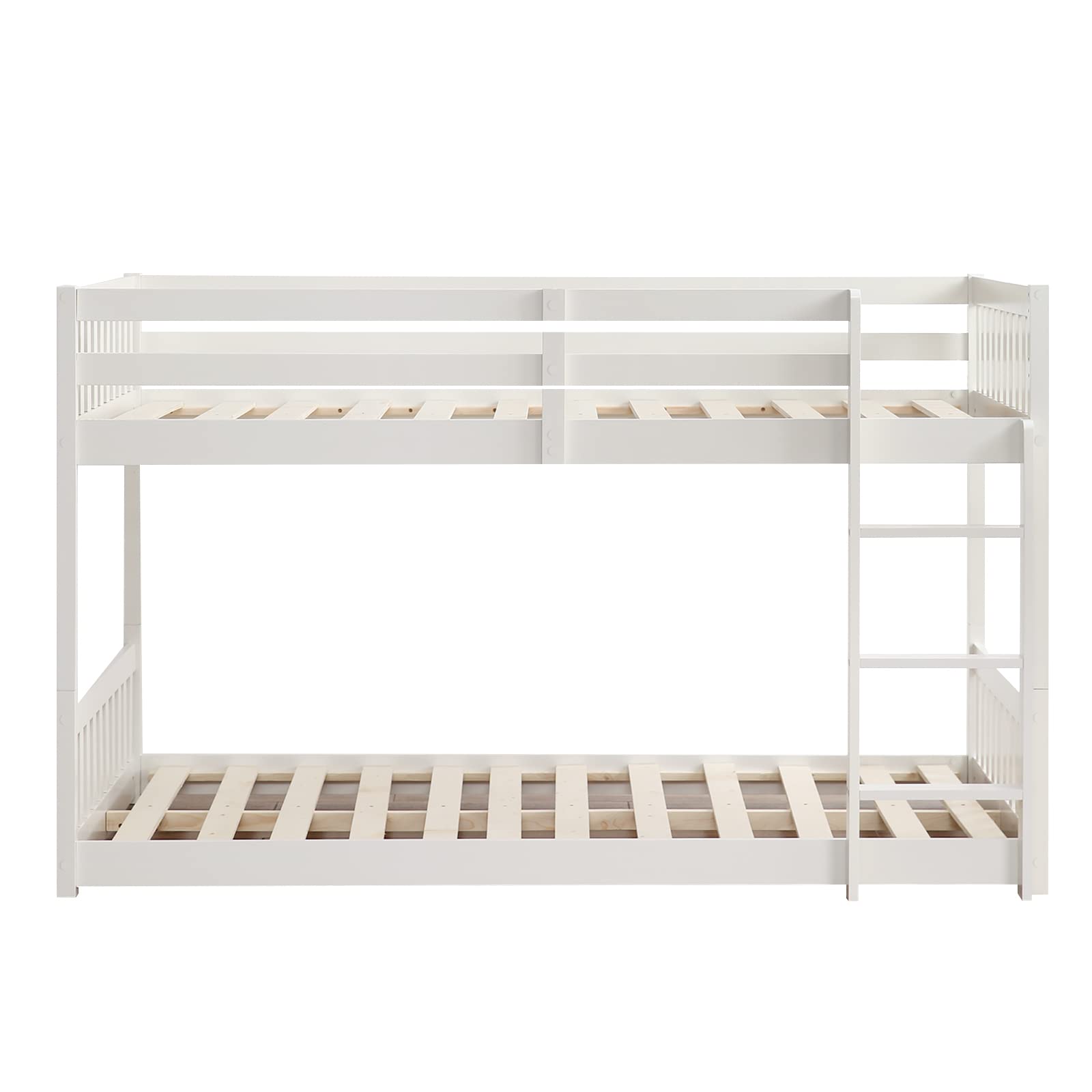 JOYMOR Solid Wood Low Twin Over Twin Bunk Bed for Kids/Toddlers/Junior, Bunk Bed Frame with Guardrails & Ladder for Boys Girls, No Box Spring Needed, White