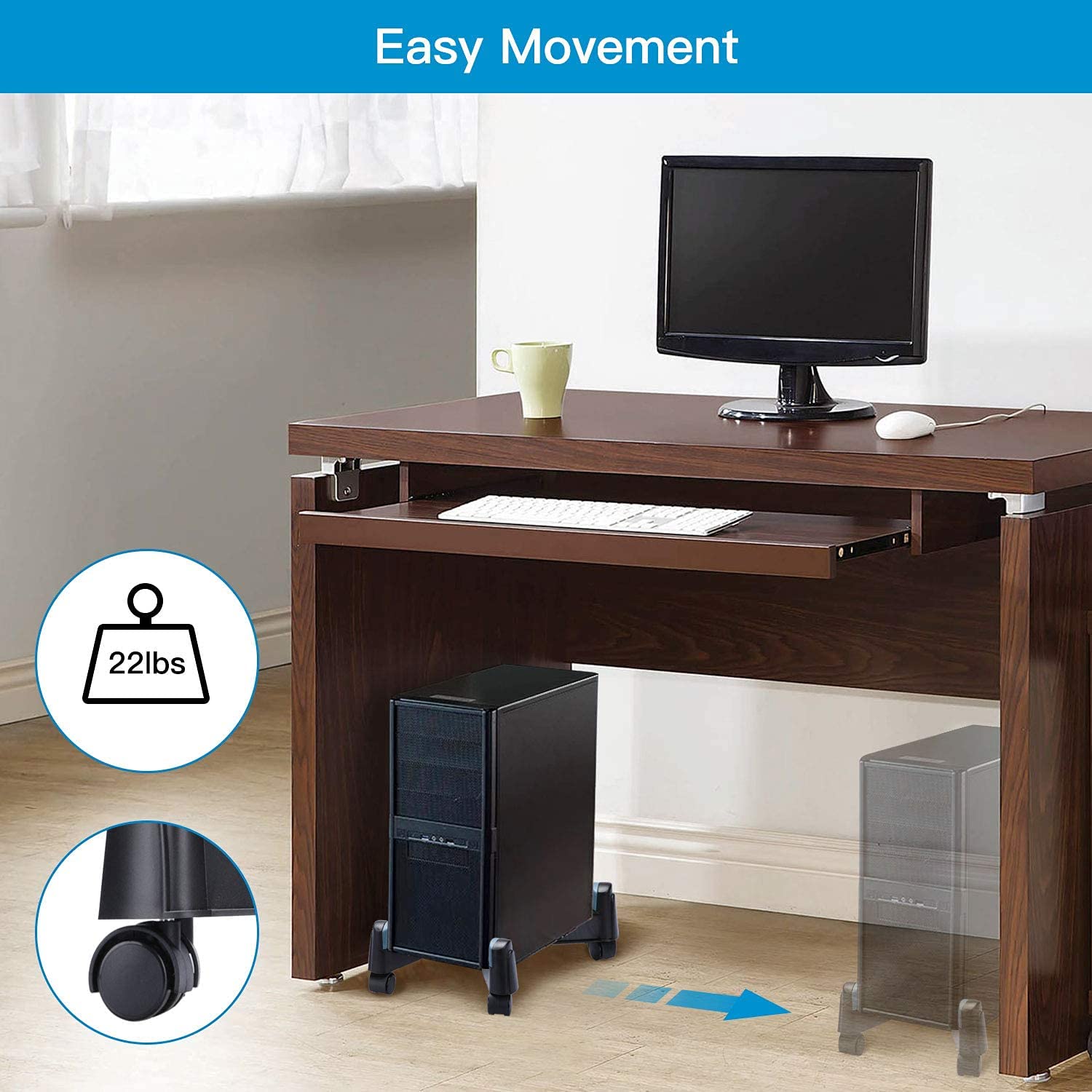 Computer Tower Stand, HUANUO CPU Holder Desktop Stand Desktop ATX-Case Mobile Cart Holder Adjustable Width with 4 Caster Wheels, Fits Most Computer Cases Under Desk, Black