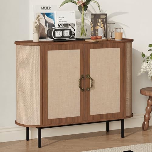 Janmer Home 39.4" Buffet Cabinet with Storage, Curved Storage Cabinet with 2 Doors, Boho Modern Accent Cabinet with Adjustable Shelves for Living Dining Room, Hallway, Entryway (39.4inch, Walnut)