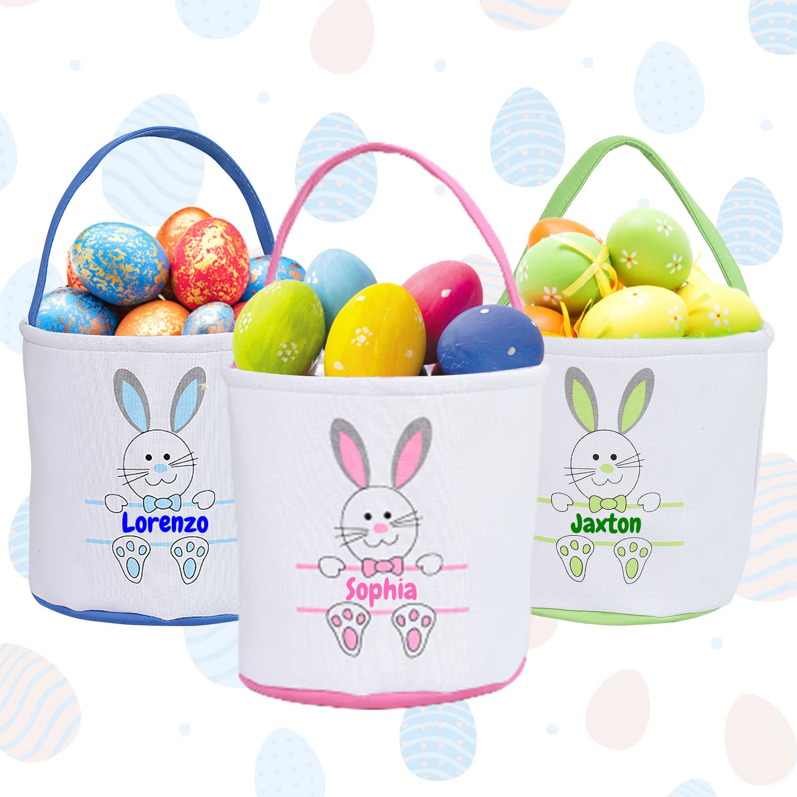 Molikyla Personalized Easter Basket Custom with Name for Boys Girls Kids Customized Easter Gifts Canvas Cotton Buckets, Blue, one size