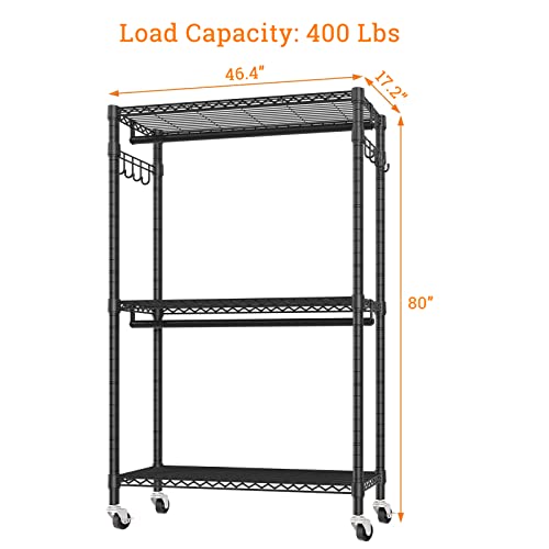 Heavy Duty Clothes Rack 3 Tiers Adjustable Wire Storage Shelves, Portable Clothing Rack with Double Rods and 4 Lockable Wheels, Freestanding Garment Racks with Hanging Hooks, Large Capacity, Black