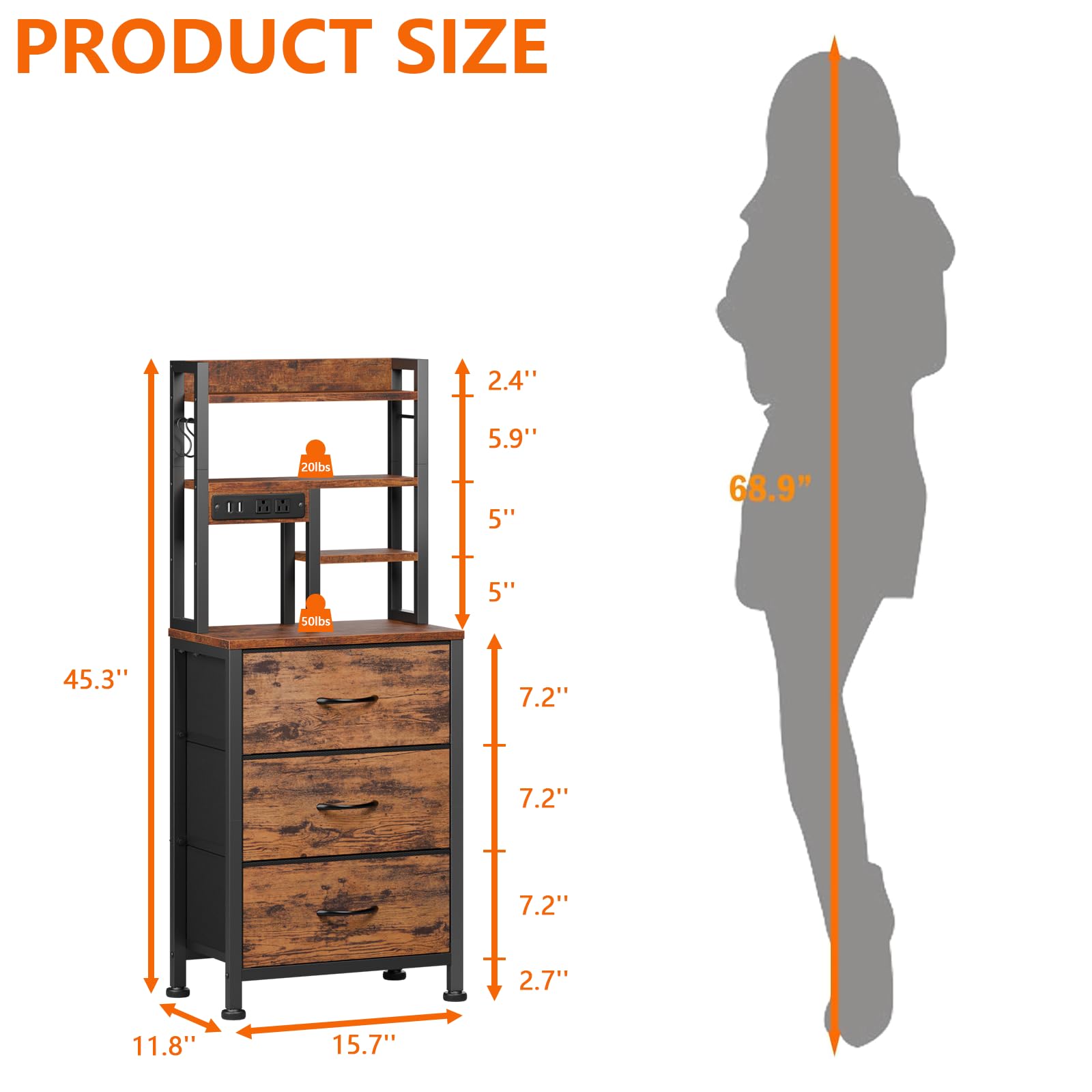 Furnulem Tall Nightstand with 3 Fabric Drawers and Bookshelf, Night Stand with LED Lights and Charging Port, Tall Bedside Tables for Bedrooms, Office, Dorm, Rustic Brown